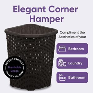 (2 pack) Corner Laundry Hamper Baskets with Lid 50 Liter - Brown Wicker Hamper, Durable, Lightweight Bin with Cutout Handles - Storage Dirty Cloths Curved Shape Design Fits Bathroom