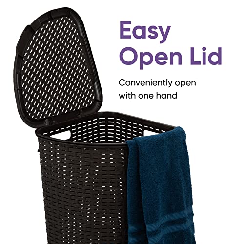 (2 pack) Corner Laundry Hamper Baskets with Lid 50 Liter - Brown Wicker Hamper, Durable, Lightweight Bin with Cutout Handles - Storage Dirty Cloths Curved Shape Design Fits Bathroom