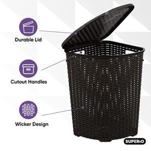 (2 pack) Corner Laundry Hamper Baskets with Lid 50 Liter - Brown Wicker Hamper, Durable, Lightweight Bin with Cutout Handles - Storage Dirty Cloths Curved Shape Design Fits Bathroom