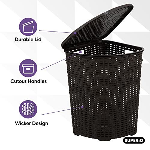 (2 pack) Corner Laundry Hamper Baskets with Lid 50 Liter - Brown Wicker Hamper, Durable, Lightweight Bin with Cutout Handles - Storage Dirty Cloths Curved Shape Design Fits Bathroom