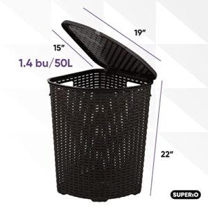 (2 pack) Corner Laundry Hamper Baskets with Lid 50 Liter - Brown Wicker Hamper, Durable, Lightweight Bin with Cutout Handles - Storage Dirty Cloths Curved Shape Design Fits Bathroom