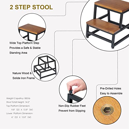 Step Stools for Adults Kids, Heavy Duty Wooden Step Stool for High Bed Kitchen Bathroom - Holds Up to 500 Lb by RORKEE, Wide, Metal, Industrial Design(Dark Walnut)