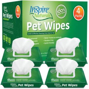 inspire naturals pet wipes 100% natural plant based with organic antioxidants, dog wipes cleaning deodorizing cat wipes | dog bath dog ear wipes | dog wipes for paws and butt (200ct - 4 pack)