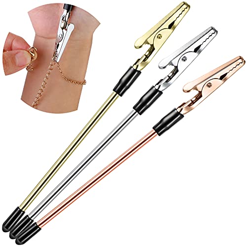 Bracelet Tool Jewelry Helper Hand Bracelet Helpers Fastening and Hooking Equipment for Jewelry Bracelet Necklace Watch Clasps Zipper Valentine's Gift 6.1 Inch, Gold Silver and Rose Gold (3 Pieces)