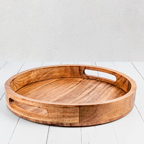 Samhita Round Serving Acacia Wooden Tray with Handles for Serving Beverages & Food on Bar Living Room Home Dining Table (12" x 12" x 1.6")