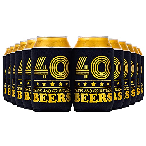 Crisky 40th Birthday Can Cooler Happy 40th Birthday Decorations for Men, Can Coolies Beverage Sleeve for 40 Year Old Birthday Gift Ideas Birthday Party Favors for Him, 12 Pack, Black & Gold