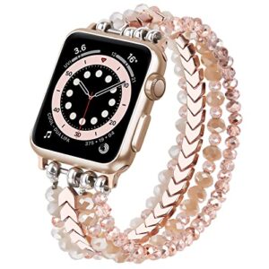 mofree beaded bracelet compatible for apple watch band 40mm/38mm/41mm series 8/7/se/6/5/4/3/2/1 women fashion handmade elastic stretch strap for iwatch bands replacement rose gold