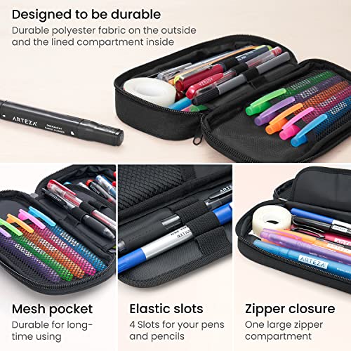 ARTEZA Pencil Case, Black Pencil Pouch with Zipper Closure, School Supplies for Students and Teachers