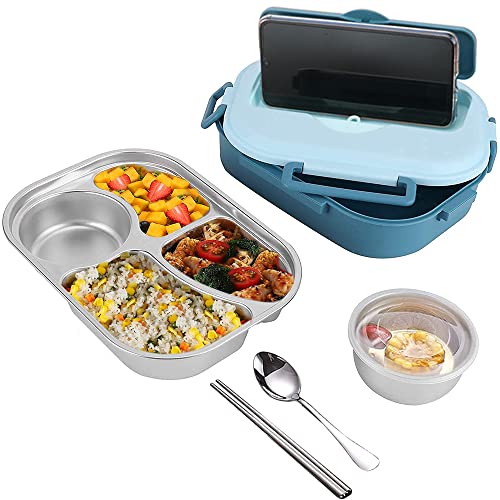 Raviga Stainless Steel Lunch Box 4 Compartments Portable Bento Box for Kids Student or Adult Food Storage Containers with Lids Airtight Soup Bowl & Tableware Large Capacity 50-oz(Blue)