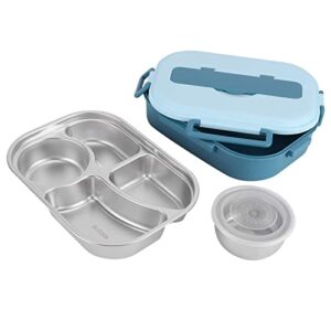 Raviga Stainless Steel Lunch Box 4 Compartments Portable Bento Box for Kids Student or Adult Food Storage Containers with Lids Airtight Soup Bowl & Tableware Large Capacity 50-oz(Blue)