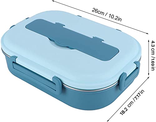 Raviga Stainless Steel Lunch Box 4 Compartments Portable Bento Box for Kids Student or Adult Food Storage Containers with Lids Airtight Soup Bowl & Tableware Large Capacity 50-oz(Blue)