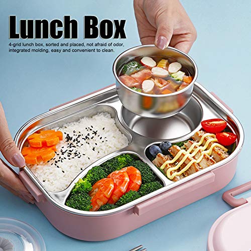 Raviga Stainless Steel Lunch Box 4 Compartments Portable Bento Box for Kids Student or Adult Food Storage Containers with Lids Airtight Soup Bowl & Tableware Large Capacity 50-oz(Blue)