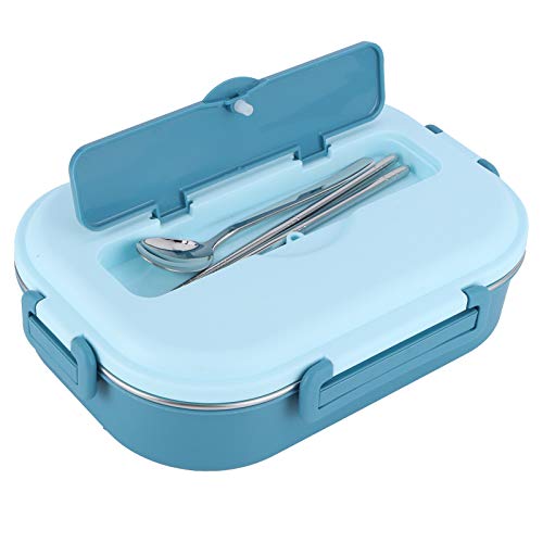 Raviga Stainless Steel Lunch Box 4 Compartments Portable Bento Box for Kids Student or Adult Food Storage Containers with Lids Airtight Soup Bowl & Tableware Large Capacity 50-oz(Blue)