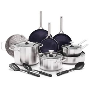 blue diamond cookware tri-ply stainless steel ceramic nonstick, 15 piece cookware pots and pans set, pfas-free, multi clad, induction, dishwasher safe, oven safe, silver