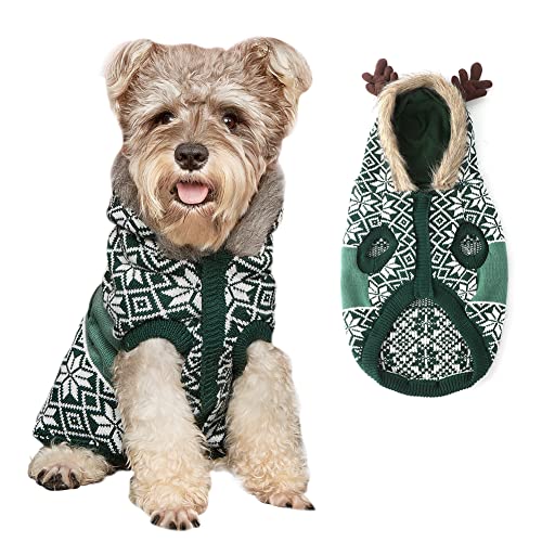 EMUST Dog Christmas Clothes, Cute Reindeer Hooded Christmas Dog Sweaters for Cat/Kitten/Puppy, Green, S