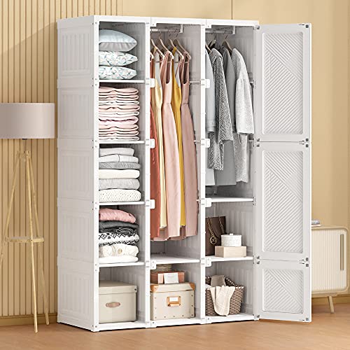 Portable Closet Clothes Wardrobe Plastic Bedroom Armoire 14"x20" Depth Cube Storage Organizer with Hanging Rod and Doors，15 Cubes, White (Door Accessories)