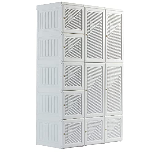 Portable Closet Clothes Wardrobe Plastic Bedroom Armoire 14"x20" Depth Cube Storage Organizer with Hanging Rod and Doors，15 Cubes, White (Door Accessories)