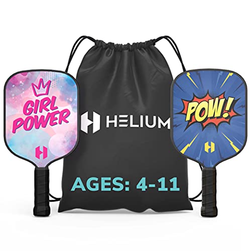 Helium Pickleball Paddle for Kids – (2 Pack - POW! and Girl Power) Child Size, Lightweight Honeycomb Core, Graphite Strike Face, Premium Comfort Grip, 2 Pickleball Paddles & 2 Drawstring Bags