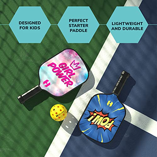 Helium Pickleball Paddle for Kids – (2 Pack - POW! and Girl Power) Child Size, Lightweight Honeycomb Core, Graphite Strike Face, Premium Comfort Grip, 2 Pickleball Paddles & 2 Drawstring Bags