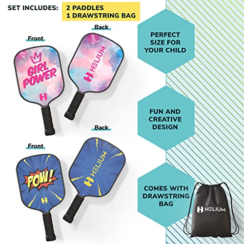 Helium Pickleball Paddle for Kids – (2 Pack - POW! and Girl Power) Child Size, Lightweight Honeycomb Core, Graphite Strike Face, Premium Comfort Grip, 2 Pickleball Paddles & 2 Drawstring Bags