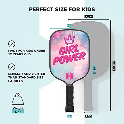 Helium Pickleball Paddle for Kids – (2 Pack - POW! and Girl Power) Child Size, Lightweight Honeycomb Core, Graphite Strike Face, Premium Comfort Grip, 2 Pickleball Paddles & 2 Drawstring Bags