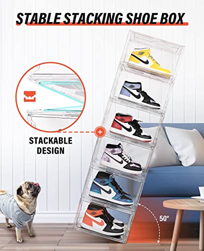 Shoe Boxes Clear Plastic Stackable 10 Pack Sneaker Storage Boxes with Magnetic Door, Acrylic Boxes for Display, Strong and Sturdy Fit Shoe Size Up to US 15