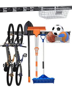 poetiske garage tool organizer wall mount 2pc heavy duty hook 2pc bike hook 1pc mesh basket 3pc utility rack max capacity 480lbs holding folding chairs garden tools ladder broom mop etc