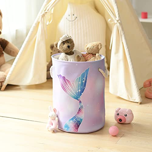 INough Baby Laundry Hamper Fabric Storage Basket Round Laundry Basket for Girls Collapsible Laundry Baskets with Drawstring Closure, Mermaid Room Decor for Girls Room, Laundry (Mermaid Tail)