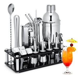 cocktail shaker set, 23-piece stainless steel bartender kit with acrylic stand & cocktail recipes booklet, professional bar tools for drink mixing, home, bar, party (include 4 whiskey stones)