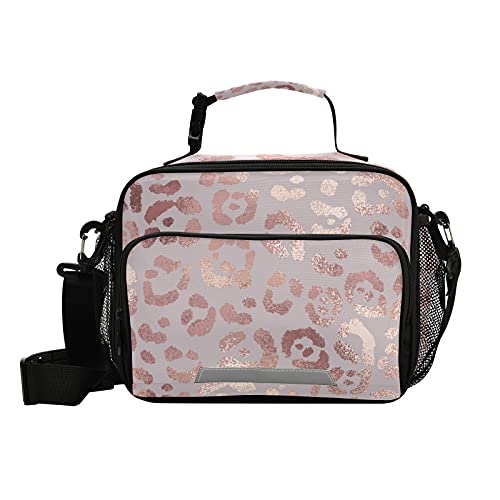 Rose Gold Leopard Print Lunch Box for Girls Cute Lunch Bags for Women Cooler Bag Reusable Lunch Tote Bag Insulated Shoulder Bag for Work School Picnic