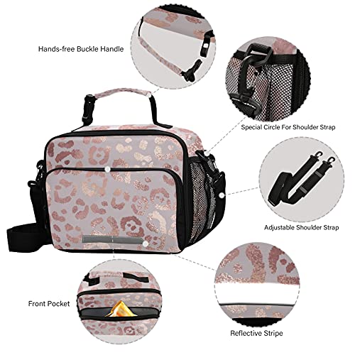 Rose Gold Leopard Print Lunch Box for Girls Cute Lunch Bags for Women Cooler Bag Reusable Lunch Tote Bag Insulated Shoulder Bag for Work School Picnic