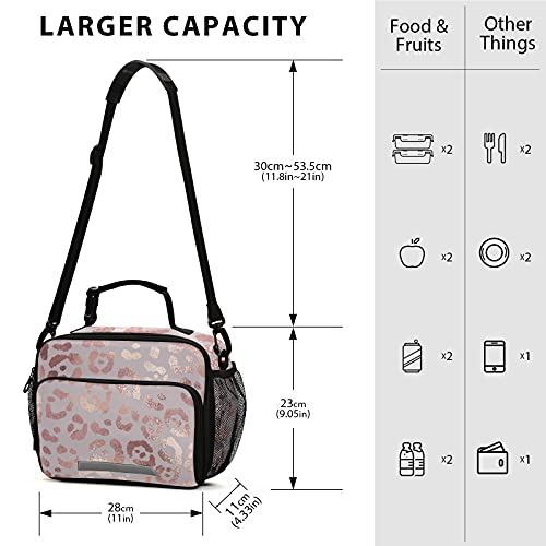 Rose Gold Leopard Print Lunch Box for Girls Cute Lunch Bags for Women Cooler Bag Reusable Lunch Tote Bag Insulated Shoulder Bag for Work School Picnic