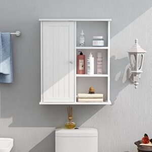 Treocho Bathroom Wall Cabinet, Medicine Cabinet with Door and Open Shelf, Wall Mounted Storage Organizer for Bathroom, White