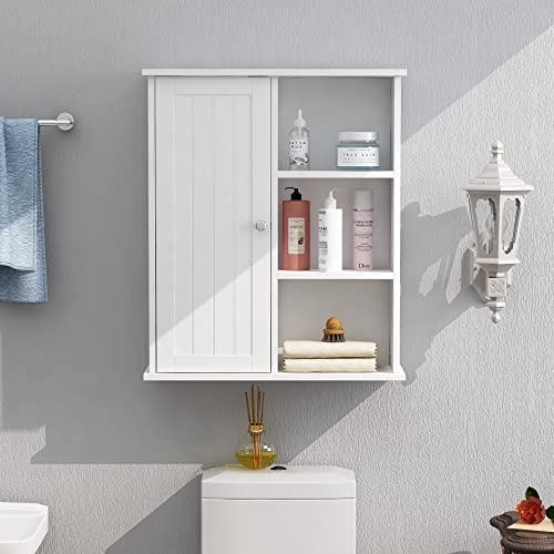 Treocho Bathroom Wall Cabinet, Medicine Cabinet with Door and Open Shelf, Wall Mounted Storage Organizer for Bathroom, White