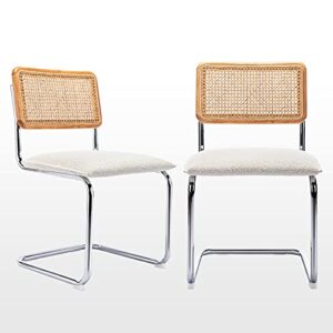 zesthouse mid-century modern dining chairs, accent rattan kitchen chairs, armless mesh back cane chairs, upholstered fabric chairs with metal chrome legs, set of 2, white