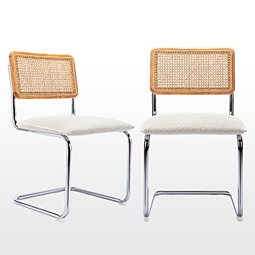 Zesthouse Mid-Century Modern Dining Chairs, Accent Rattan Kitchen Chairs, Armless Mesh Back Cane Chairs, Upholstered Fabric Chairs with Metal Chrome Legs, Set of 2, White