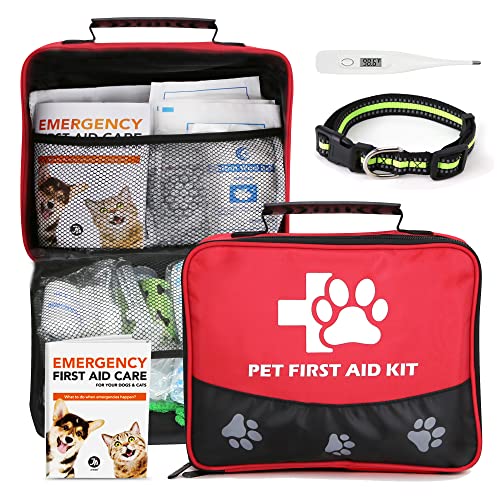 JUSAID Pet First Aid Kit, 105 Piece Nursing Supplies with Emergency Collar, First Aid Instructions and More Ideal for Home, Office, Travel, Car, Hiking, Any Emergencies for Pets, Dogs, Cats