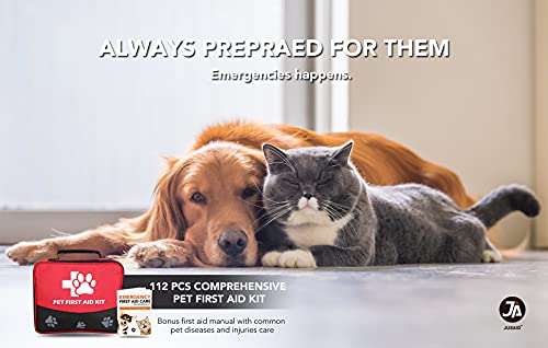 JUSAID Pet First Aid Kit, 105 Piece Nursing Supplies with Emergency Collar, First Aid Instructions and More Ideal for Home, Office, Travel, Car, Hiking, Any Emergencies for Pets, Dogs, Cats