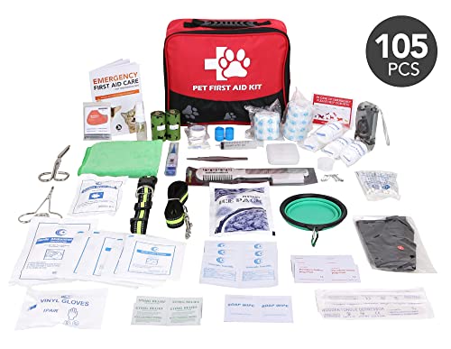 JUSAID Pet First Aid Kit, 105 Piece Nursing Supplies with Emergency Collar, First Aid Instructions and More Ideal for Home, Office, Travel, Car, Hiking, Any Emergencies for Pets, Dogs, Cats