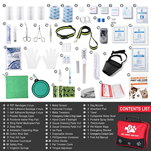 JUSAID Pet First Aid Kit, 105 Piece Nursing Supplies with Emergency Collar, First Aid Instructions and More Ideal for Home, Office, Travel, Car, Hiking, Any Emergencies for Pets, Dogs, Cats