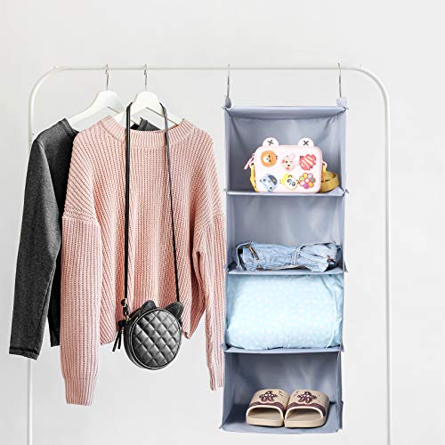 Jeewool Washable Hanging Closet Organizer with 4-Shelf, Sturdy Hanging Shelves for Closet Storage, Foldable Hanging Closet Shelves for Clothes, Shoes,Handbag, Thickened Oxford Fabric (1)