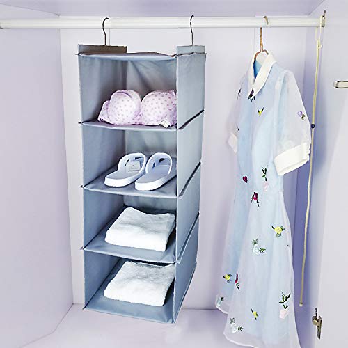 Jeewool Washable Hanging Closet Organizer with 4-Shelf, Sturdy Hanging Shelves for Closet Storage, Foldable Hanging Closet Shelves for Clothes, Shoes,Handbag, Thickened Oxford Fabric (1)