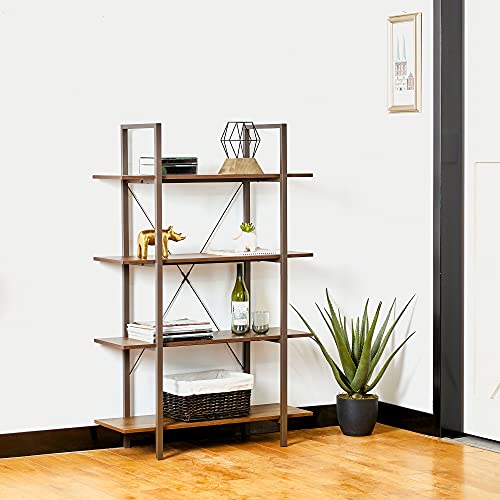 glitzhome Wooden Industrial Bookcase 4 Shelf Bookshelf Rustic Open Shelf Vintage Wood and Metal Etagere Bookcase Brown Heavy Duty Bookshelf Low Office Display Bookshelves Short Farmhouse Shelves