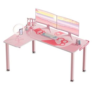 designa pink gaming desk, 60 inch pink l shaped gaming desk, with full covered cute pink desk mat for girl gaming desk pink, easy to assemble, left side