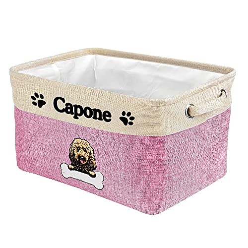 MALIHONG Personalized Foldable Storage Basket with Cute Dog Goldendoodle Collapsible Sturdy Fabric Bone Pet Toys Storage Bin Cube with Handles for Organizing Shelf Home Closet, Pink and White