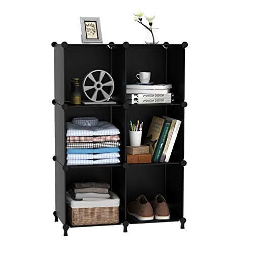 AWTATOS Cube Storage Organizer, Storage Cubes Shelves Bookshelf, 6 Cube Closet Organizers and Storage, DIY Stackable Plastic Clothes Organizer Shelving for Bedroom, Home Office, Black