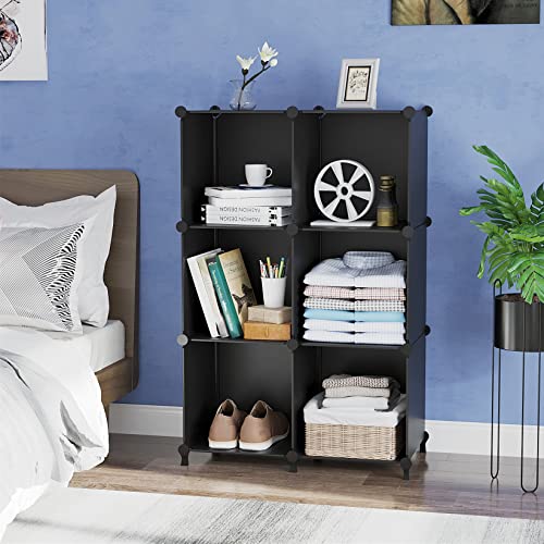 AWTATOS Cube Storage Organizer, Storage Cubes Shelves Bookshelf, 6 Cube Closet Organizers and Storage, DIY Stackable Plastic Clothes Organizer Shelving for Bedroom, Home Office, Black