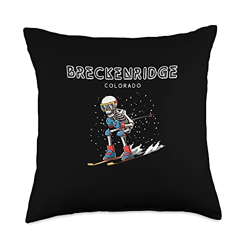 USA Ski Skeleton - Breckenridge Colorado Gift Breckenridge Colorado-Funny Ski Skeleton Throw Pillow, 18x18, Multicolor