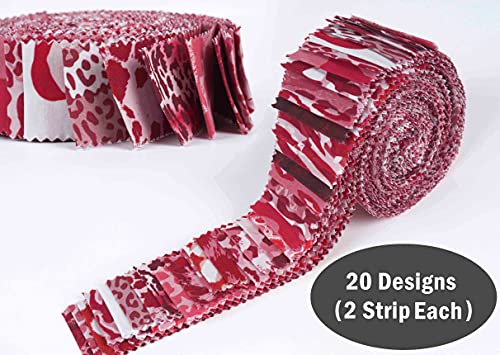 Soimoi 40Pcs Floral Artistic Print Precut Fabrics Strips Roll Up 1.5x42inches Cotton Jelly Rolls for Quilting - Red