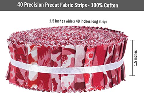 Soimoi 40Pcs Floral Artistic Print Precut Fabrics Strips Roll Up 1.5x42inches Cotton Jelly Rolls for Quilting - Red